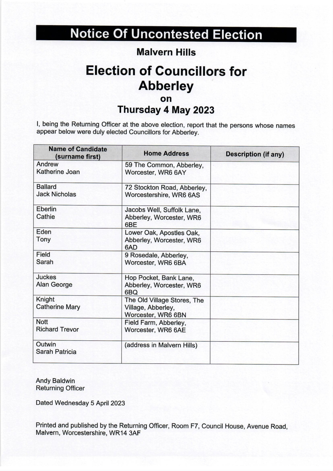 NOTICE OF UNCONTESTED ELECTION 2023 – Abberley Parish Council